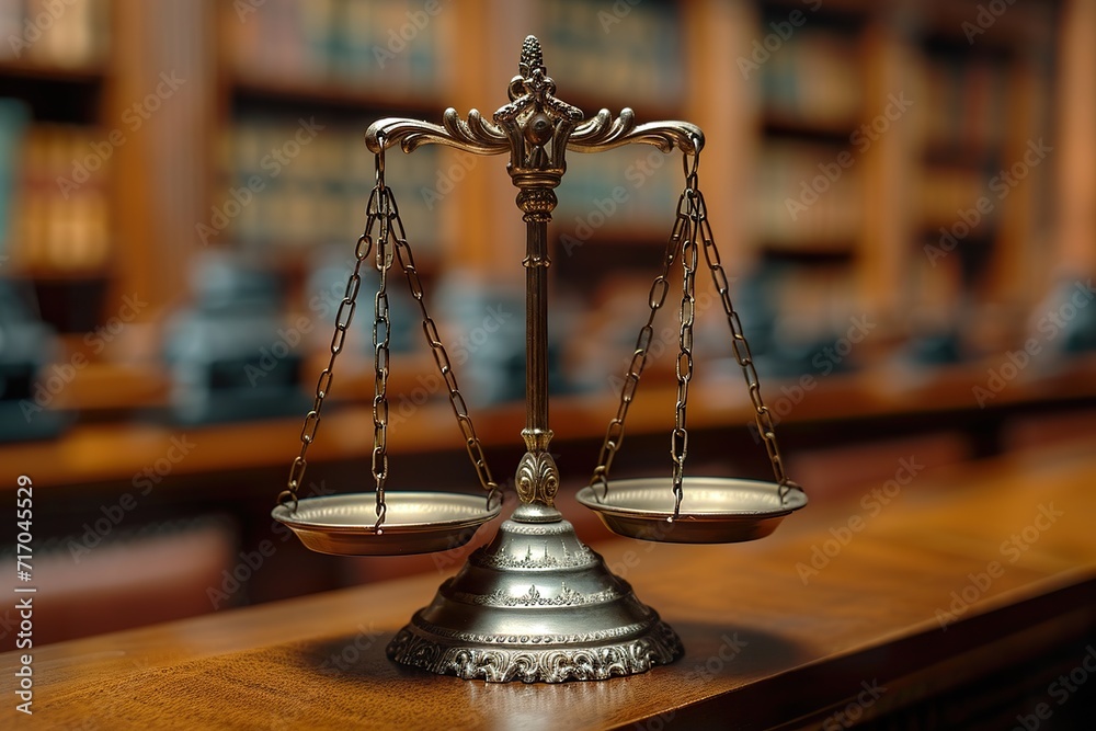 Shiny golden balanced scale in court library background as concept ...