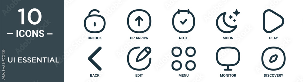 ui essential outline icon set includes thin line unlock, up arrow, note, moon, play, back, edit ...