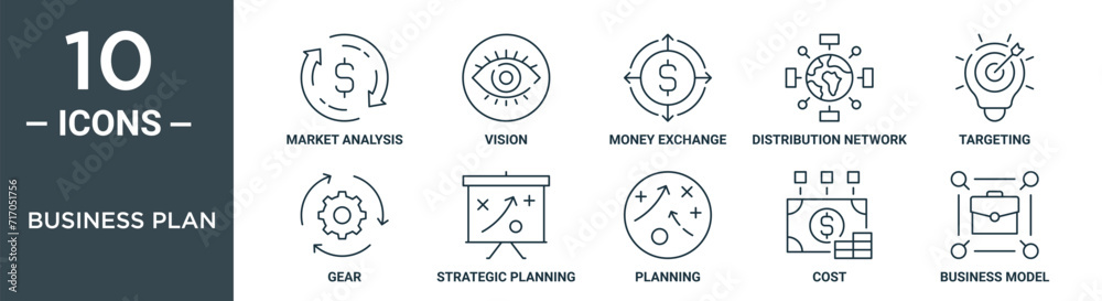 Vetor de business plan outline icon set includes thin line market ...