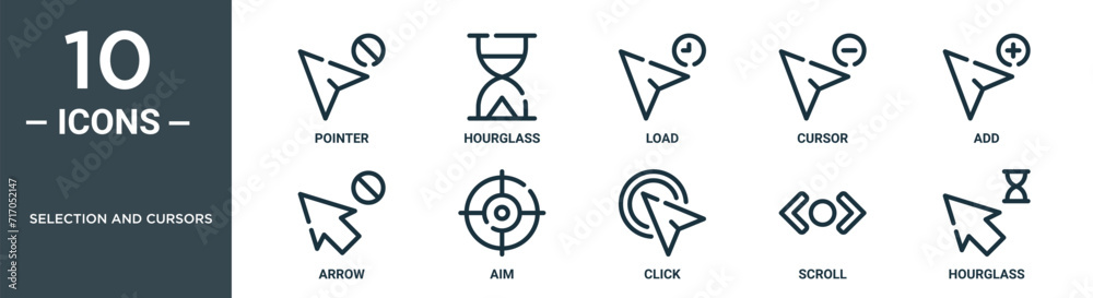 selection and cursors outline icon set includes thin line pointer, hourglass, load, cursor, add ...