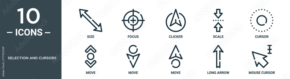 selection and cursors outline icon set includes thin line size, focus ...