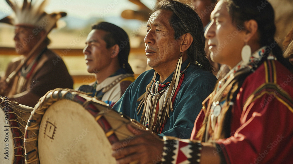 An intimate portrait of a Native American family engaged in traditional ...