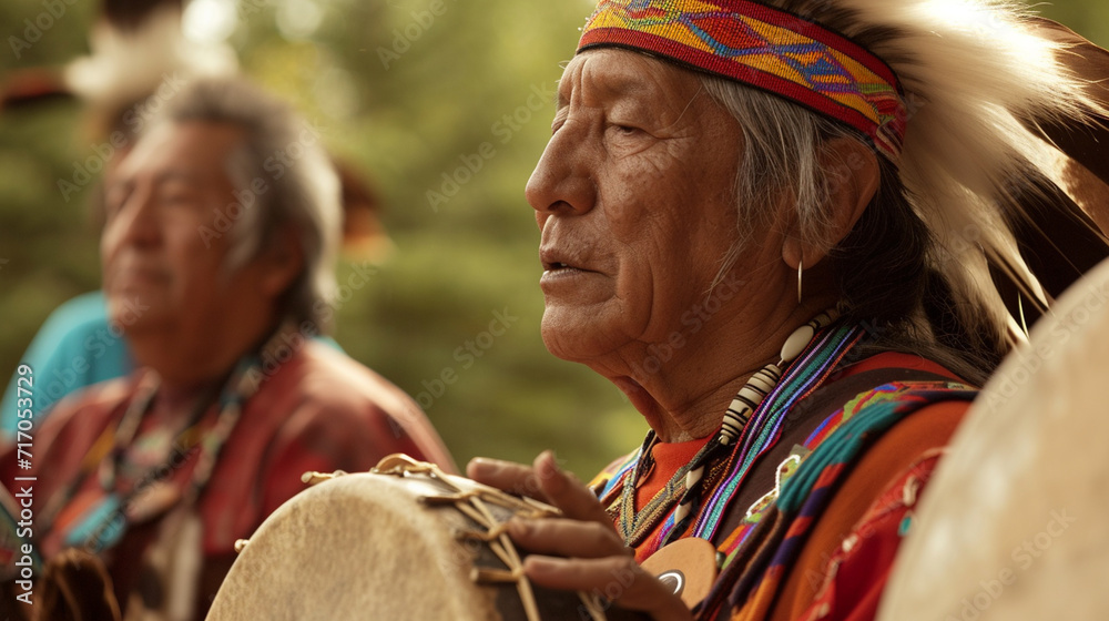An intimate portrait of a Native American family engaged in traditional ...