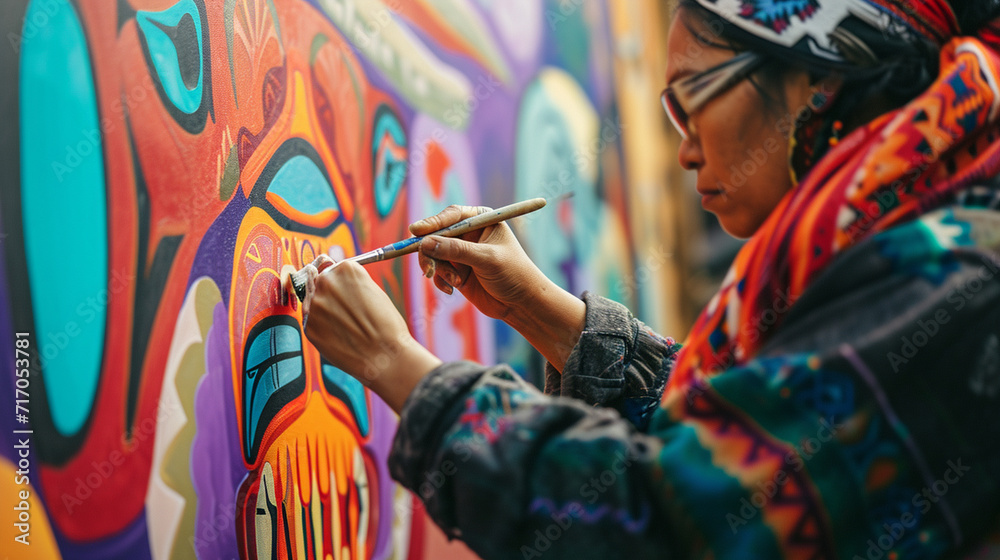 A Native American artist painting a mural that tells the story of their ...