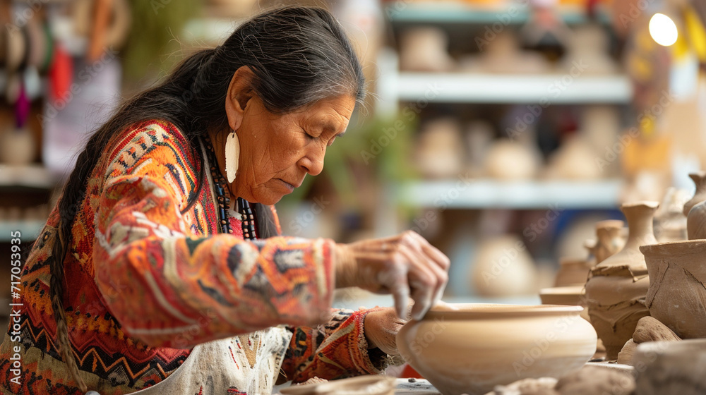 A Native American artist creating pottery, using traditional techniques ...