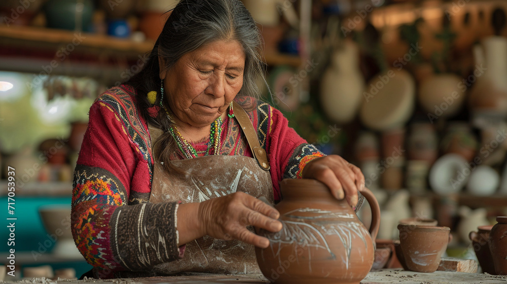 A Native American artist creating pottery, using traditional techniques ...