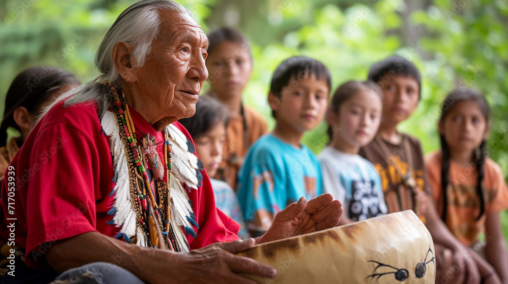 An elder passing down traditional knowledge to a group of eager young learners, creating a ...