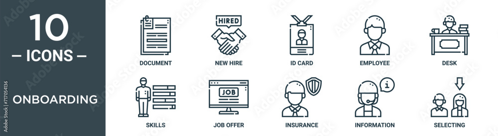 onboarding outline icon set includes thin line document, new hire, id ...