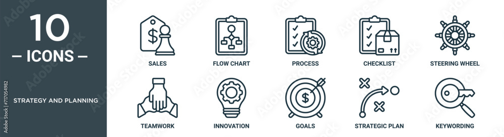 strategy and planning outline icon set includes thin line sales, flow ...