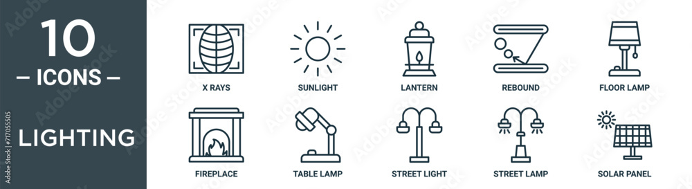 lighting outline icon set includes thin line x rays, sunlight, lantern ...