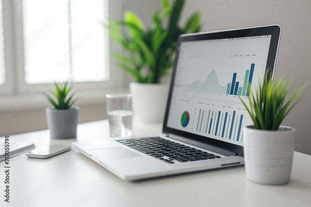 minimalist workspace with a laptop, financial charts, and a plant ...