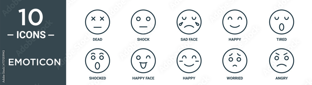 emoticon outline icon set includes thin line dead, shock, sad face ...