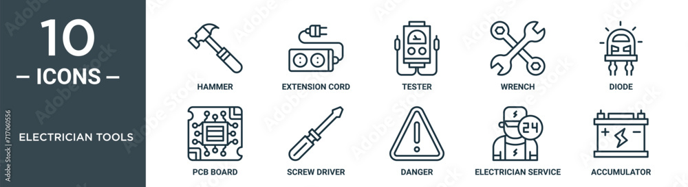 Electrician Tools Outline Icon Set Includes Thin Line Hammer Extension Cord Tester Wrench