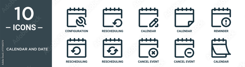 calendar and date outline icon set includes thin line configuration ...