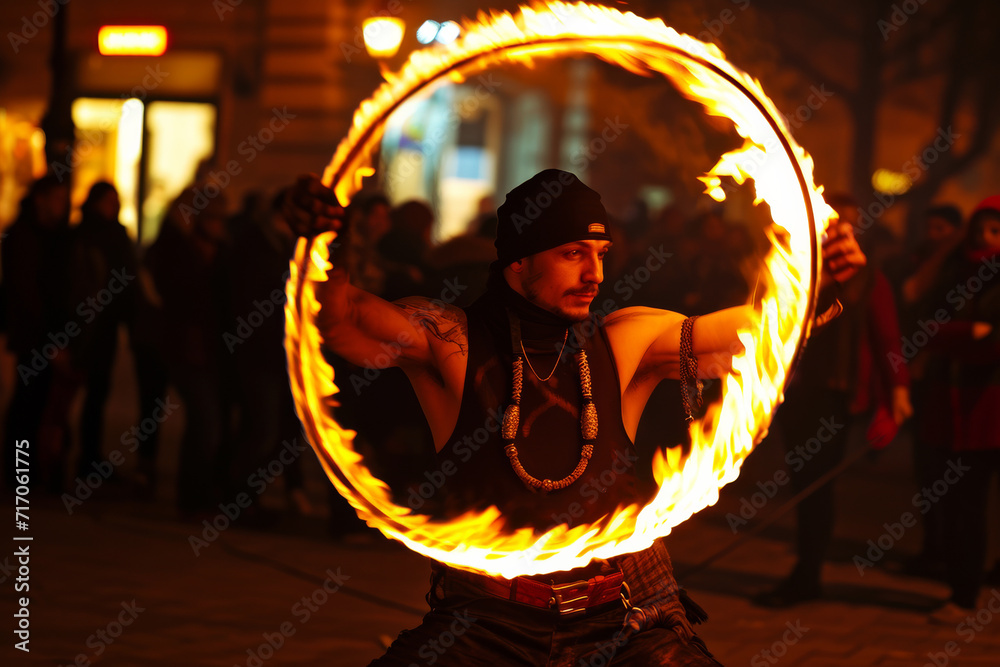 Street Artist Spinning Fire Hoop at Night. Intense street performer ...