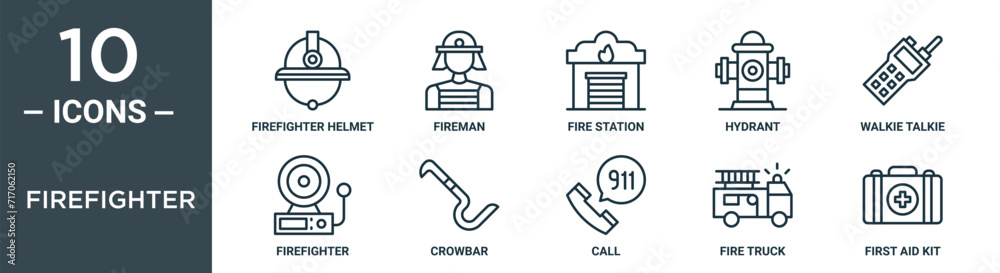 firefighter outline icon set includes thin line firefighter helmet ...