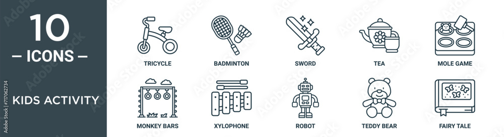 kids activity outline icon set includes thin line tricycle, badminton ...