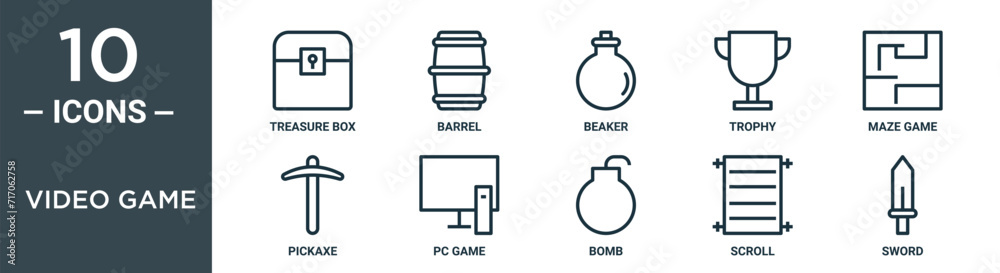 video game outline icon set includes thin line treasure box, barrel ...