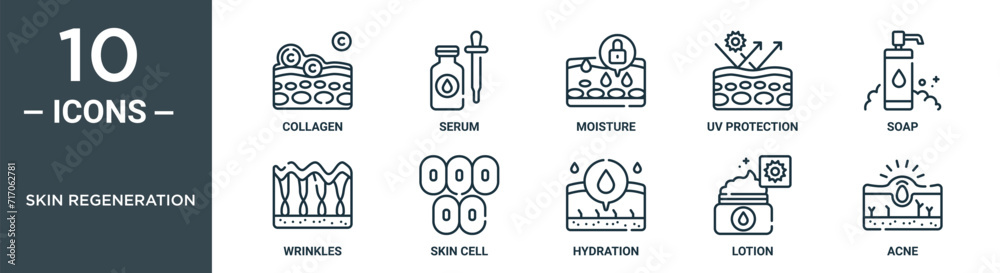 skin regeneration outline icon set includes thin line collagen, serum ...