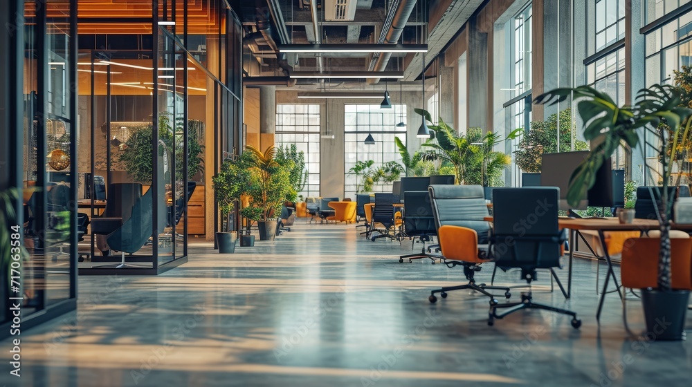 An expansive and bright open office space with high ceilings, abundant ...