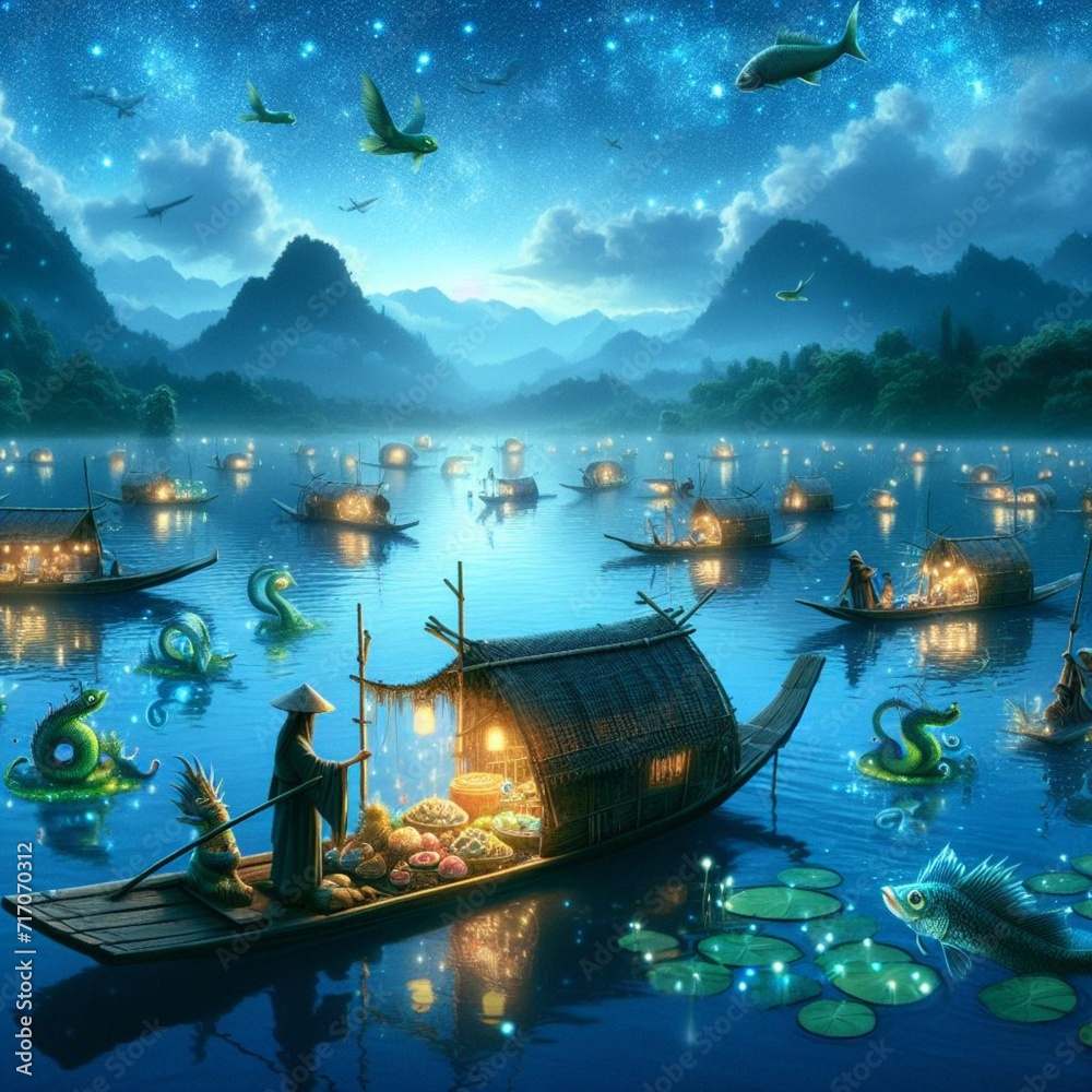 Un mercado flotante en la superficie de un lago mágico, donde criaturas ...