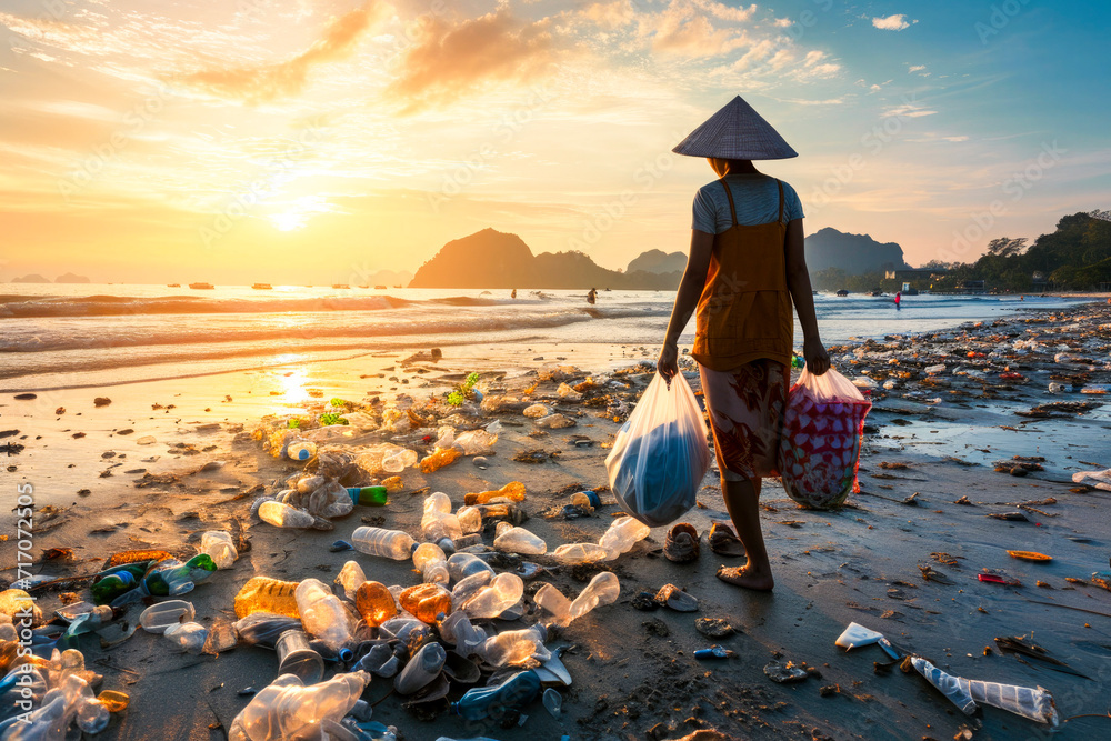 Young woman picking plastic bottle into trash plastic bag for cleaning ...
