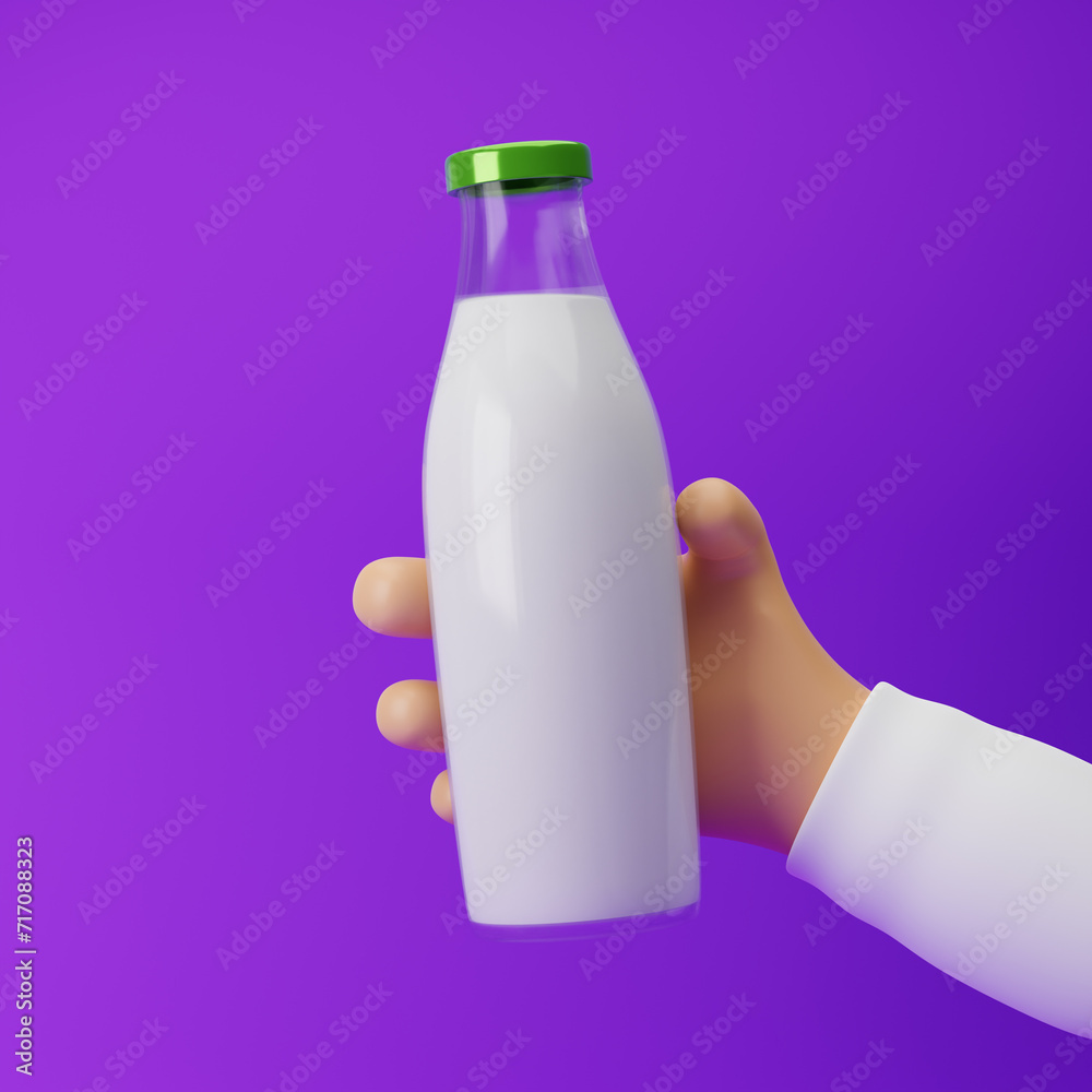 Cartoon hand holding glass milk bottle isolated over purple background ...