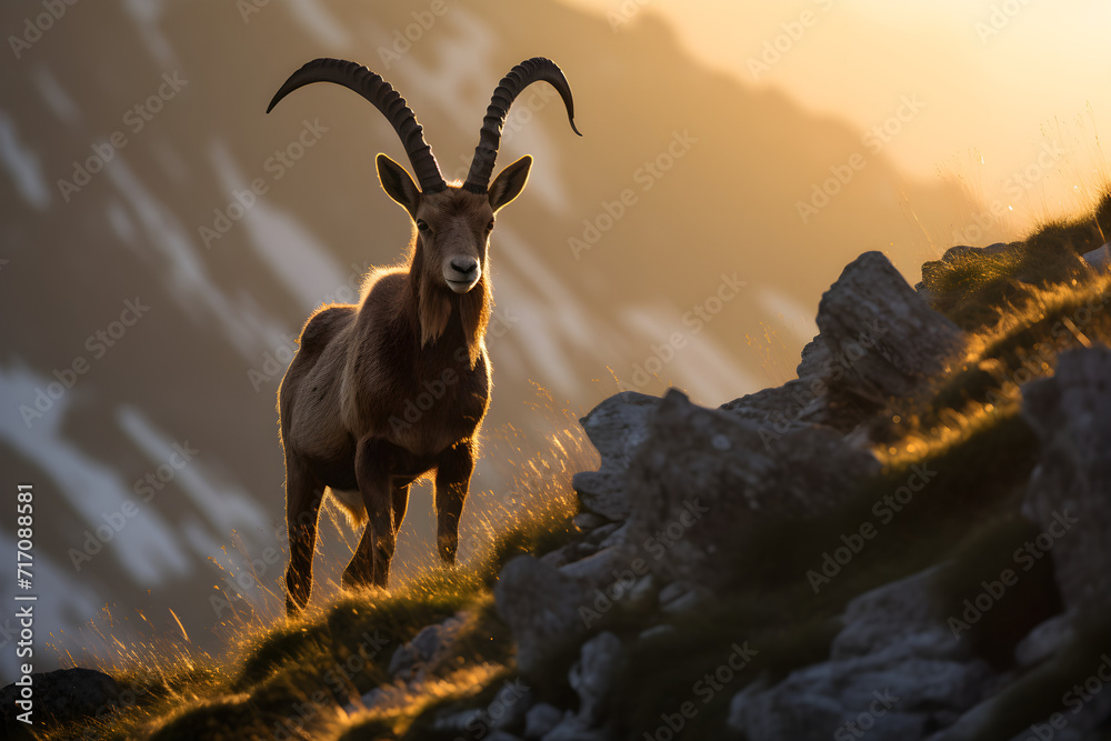 Steinbock in den Bergen, Tierfotografie, erstellt mit generativer KI ...