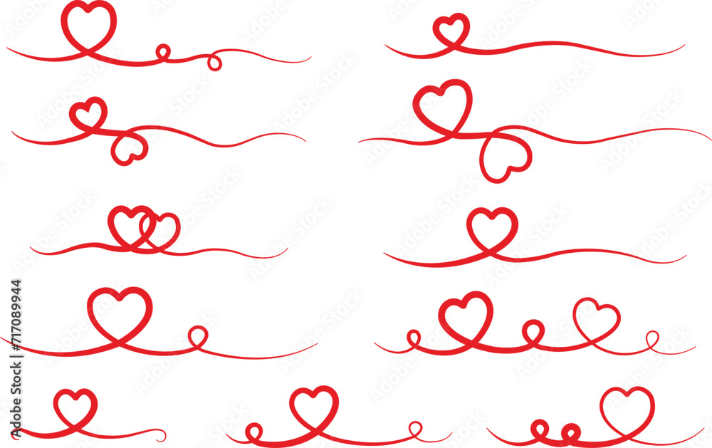 Heart lines bundle hand drawn doodle love linear red color icon set ...
