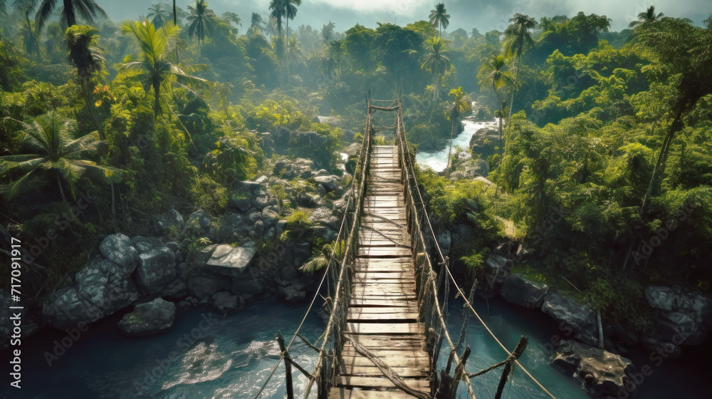Suspension wood bridge in jungle, vintage dangerous footbridge across ...