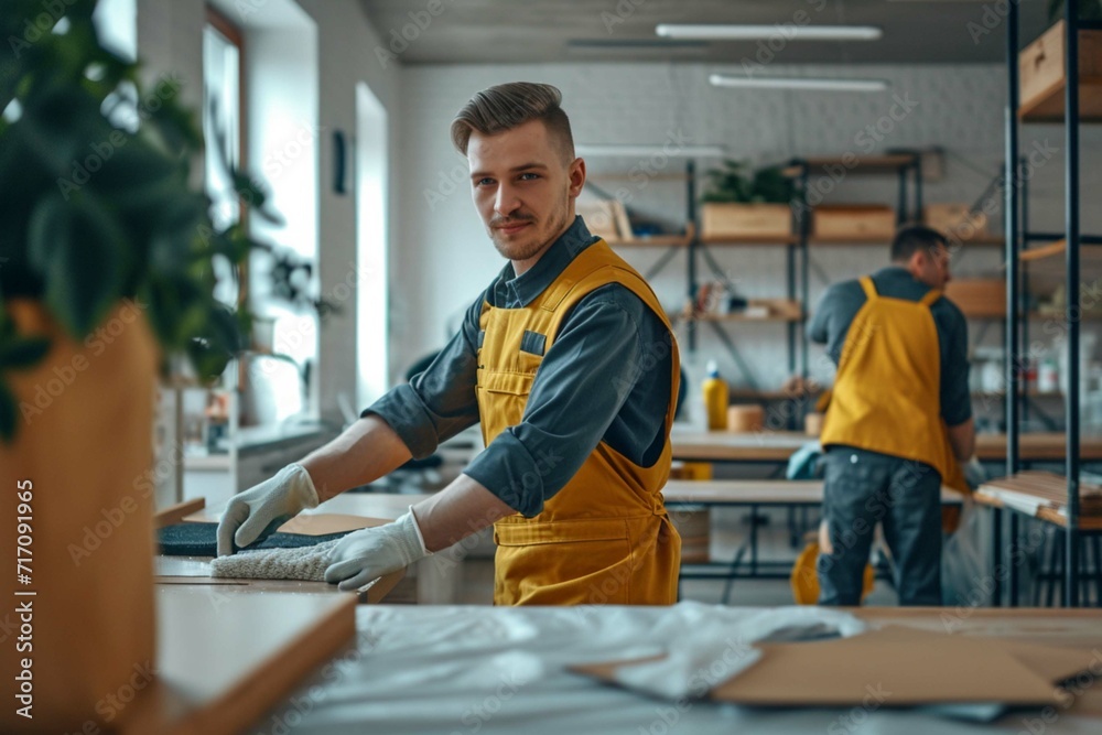 Janitors working in office premises. Two professional cleaners from ...