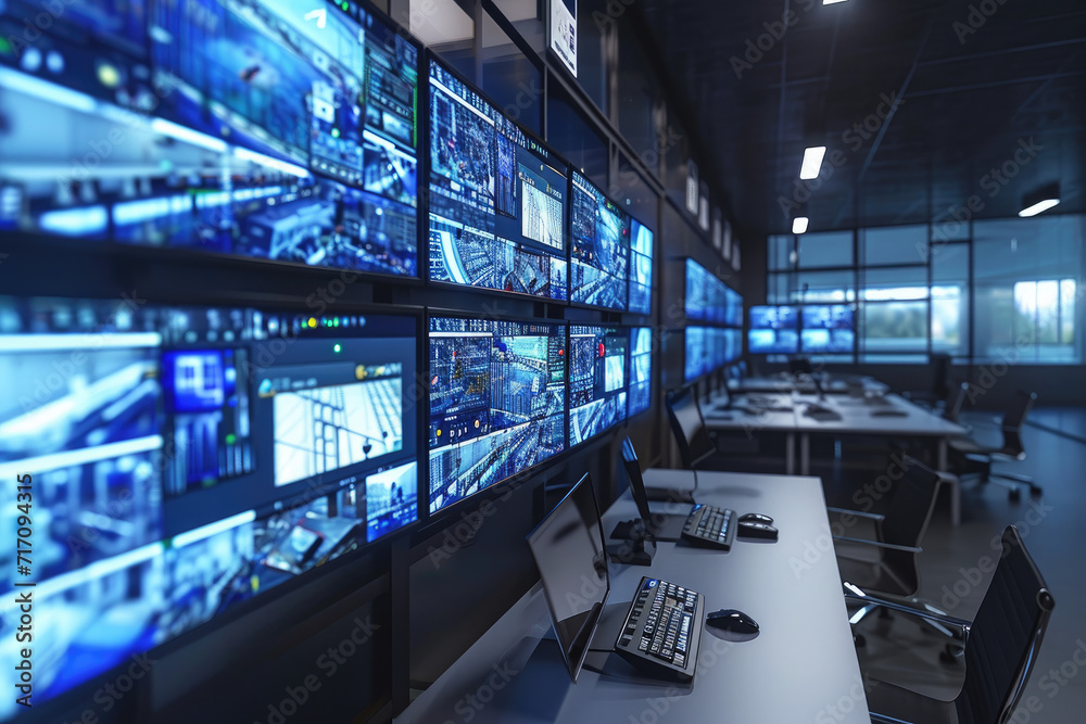 Industry 4.0 Modern Factory: Security Control Room with Multipoke ...