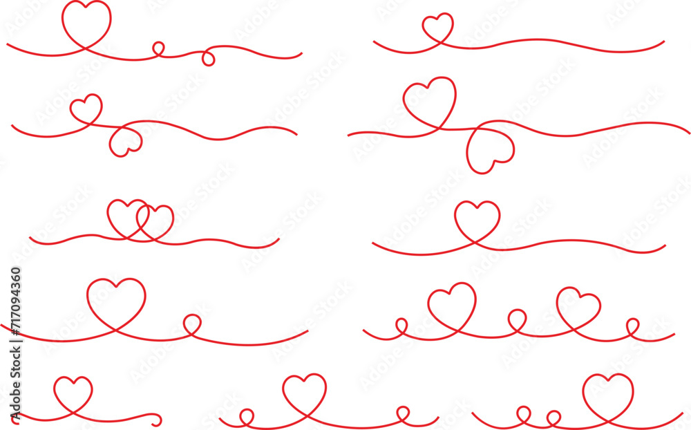 Heart lines bundle hand drawn doodle love linear red color icon set ...