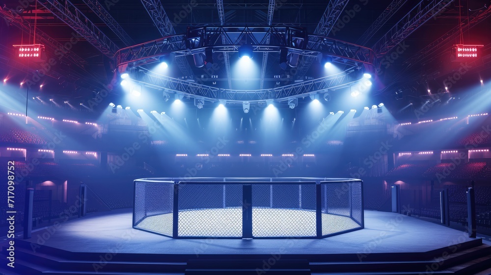 Generative AI, professional mma cage arena with spotlights, martial ...