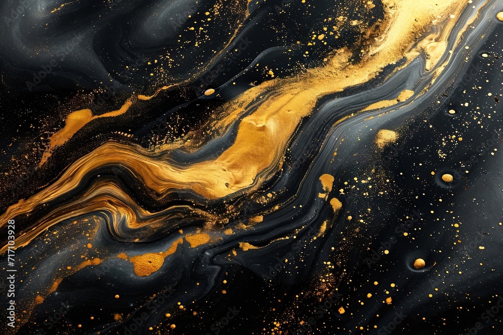 Abstract black and gold liquid with gold paint with a mesmerizing map ...
