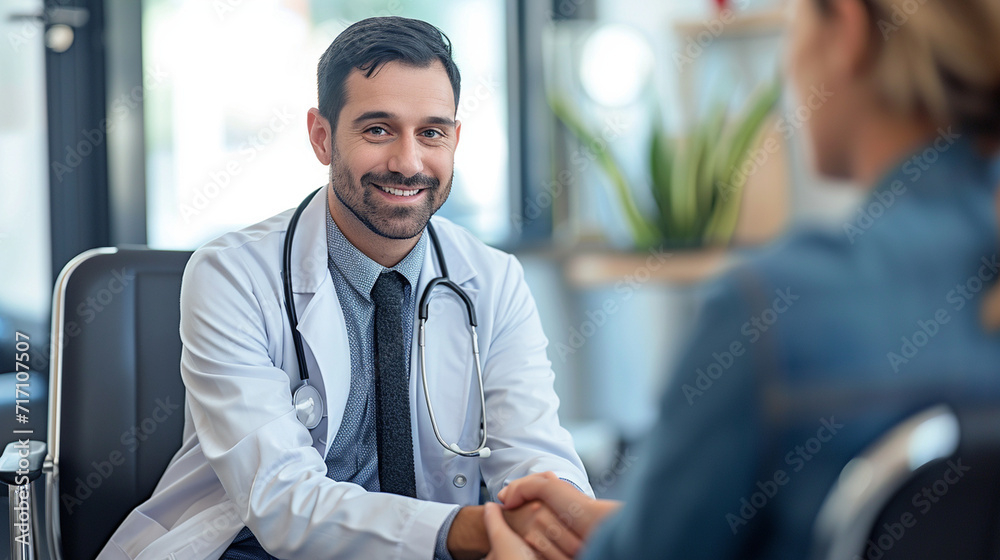 A stylish male doctor offering a warm handshake to a patient in a ...