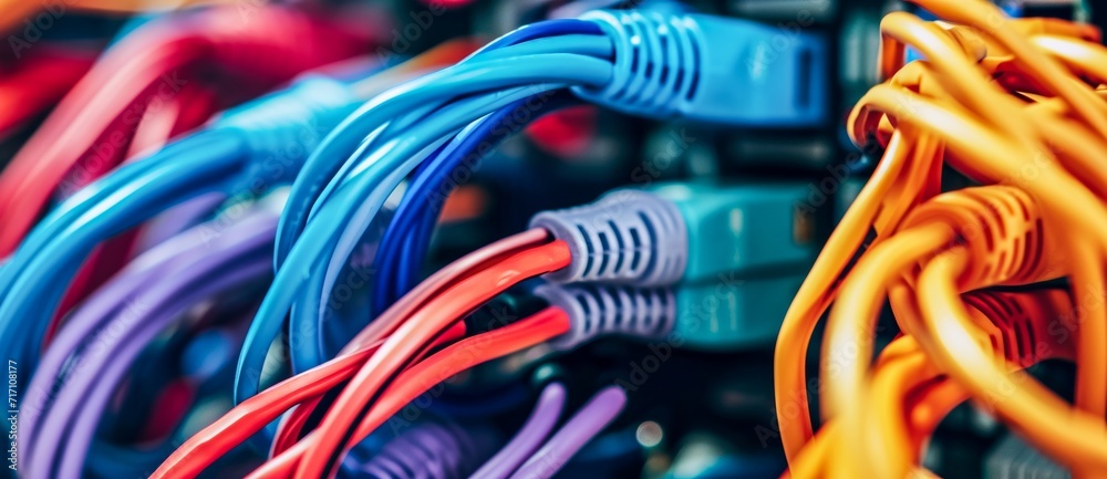 A vibrant tangle of electrical wiring and networking cables ...