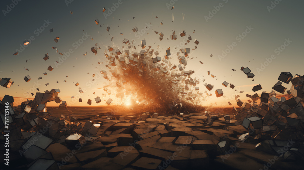 Ethereal landscape with exploding terrain and floating debris at sunset ...