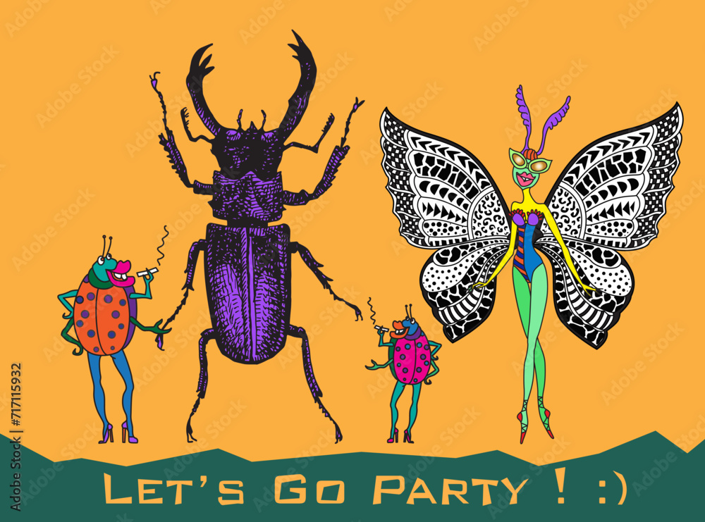 Vector humorous cartoon characters of insects, hand drawn stag-beetle ...