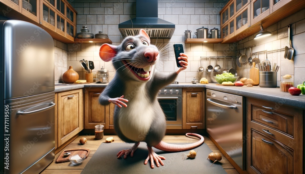 An animated rat joyfully poses for a selfie, standing on a kitchen ...