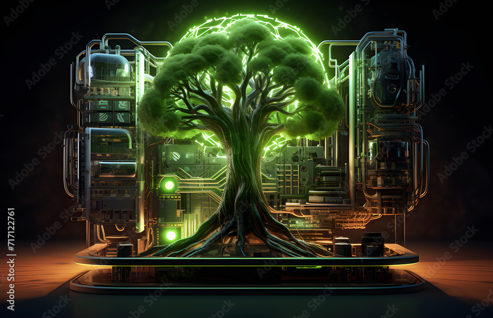 Árvore crescendo em circuito do computador. Computação verde ...