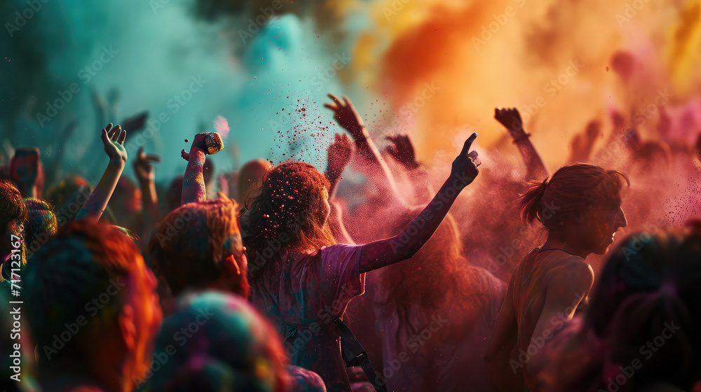 Festival of Colors at the Summer Holi Party with crowd having fun with ...
