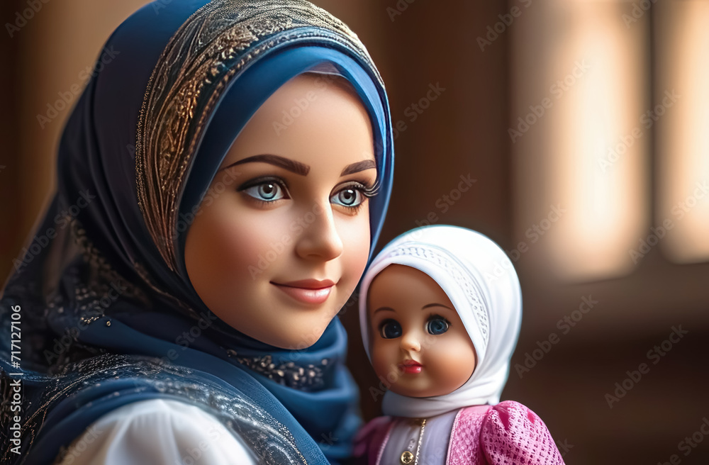 Beautiful muslim girl with hijab and cute doll in hijab in her arms ...
