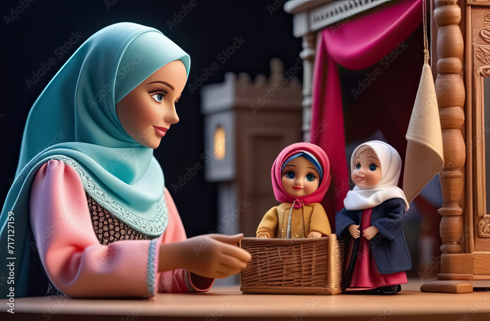 Muslim woman in playing with a dollhouse at night with a doll in a ...