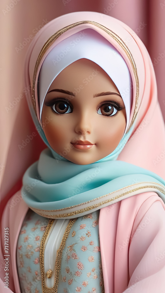 Hijab doll with headscarf on the pink background. Muslim doll in hijab ...