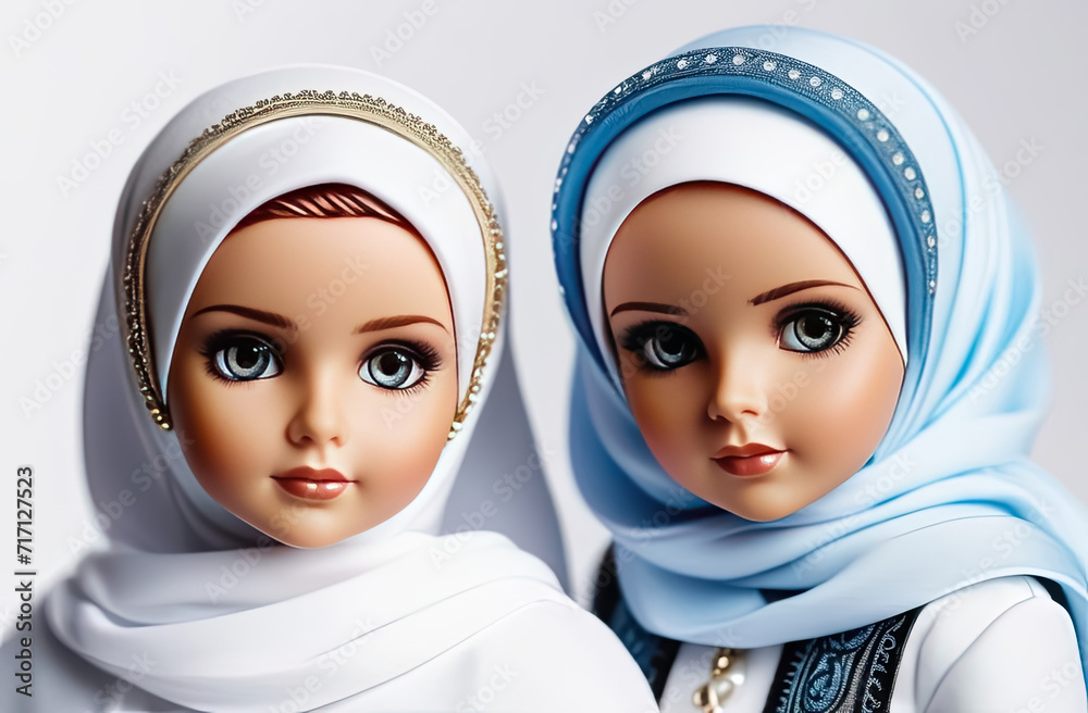 Two dolls of Muslim woman and mannequin in hijab. Muslim doll in hijab ...
