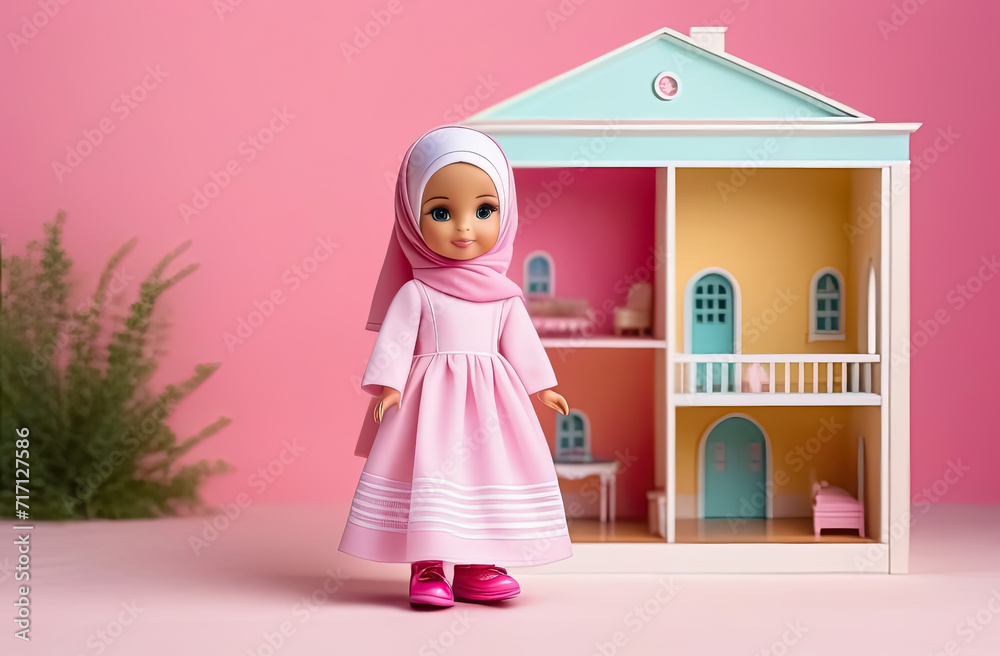 Cute muslim doll in a pink dress with doll house on pink background ...