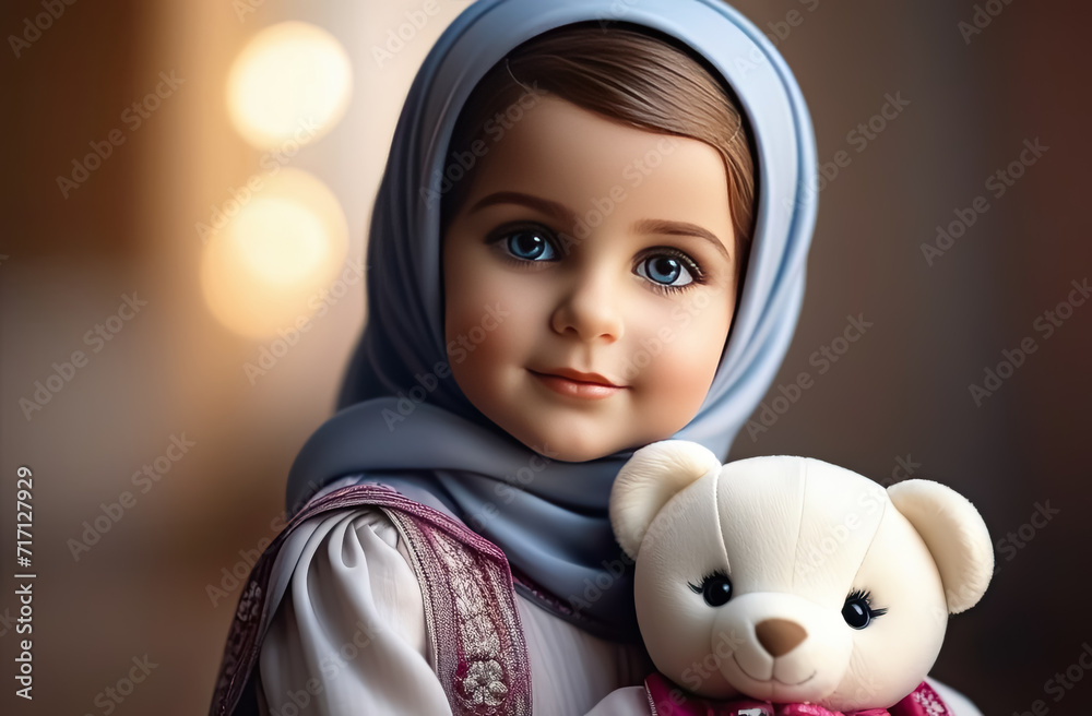 Beautiful muslim girl with hijab and cute doll in hijab in her arms ...