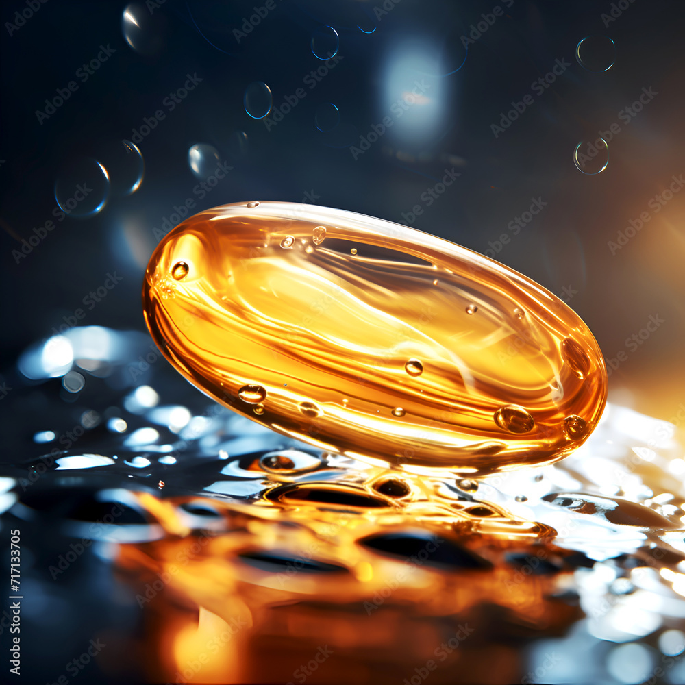 Golden omega-3 capsule with dynamic water splash. Single omega-3 ...