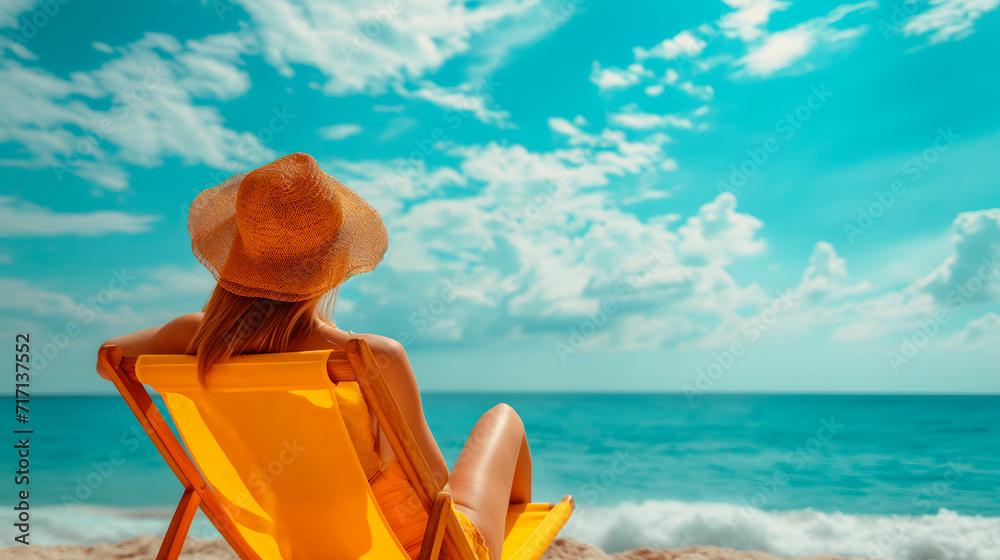 Mujer caucásica tomando el sol en la playa sentada en una tumbona ...